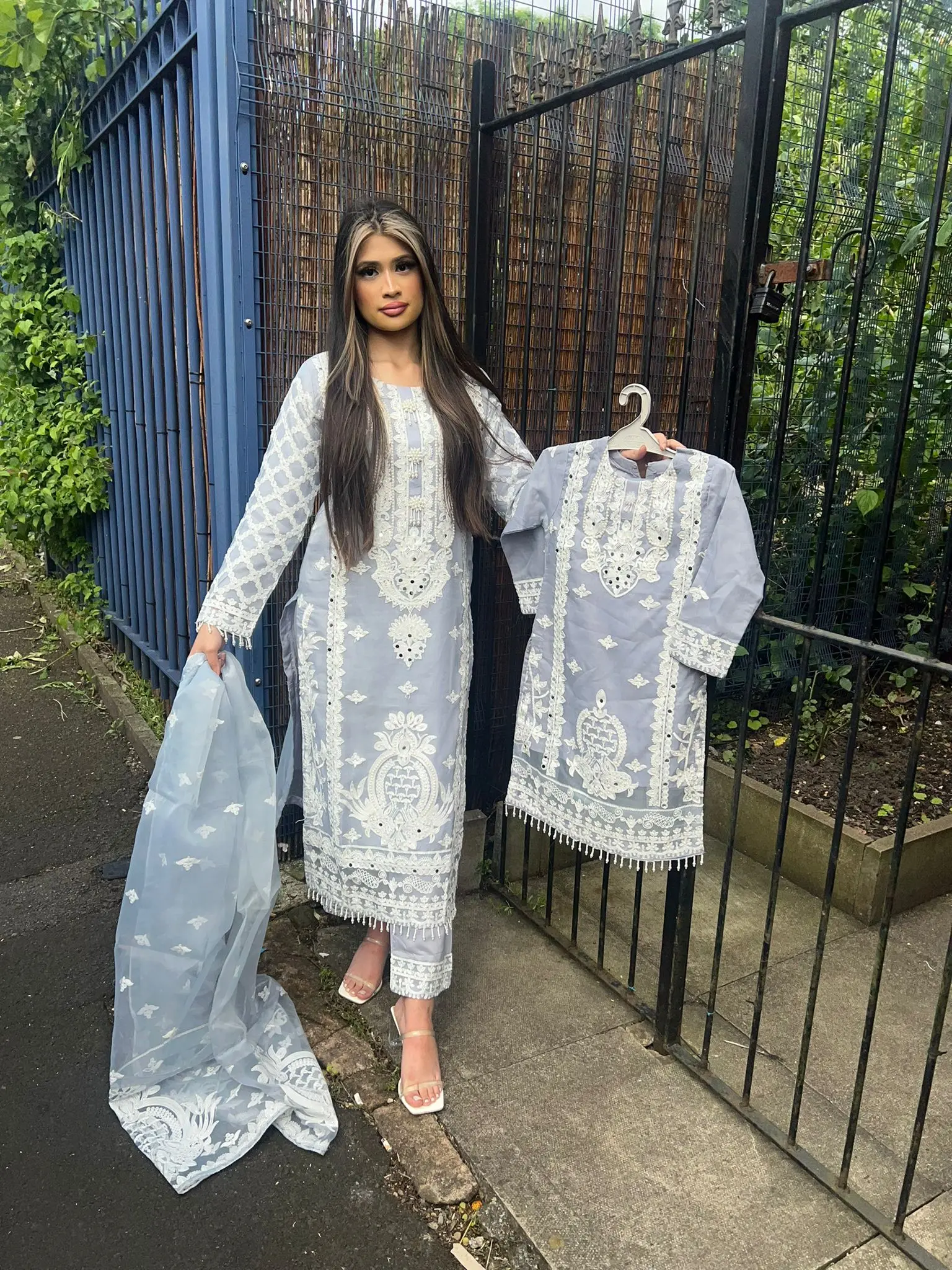 ZOBI Blue Grey Mother-Daughter Organza Suit with Pearl Work & Aari ...